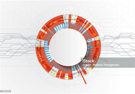 다양 한 기술 요소 하이테크 통신 개념 혁신 배경 원 텍스트에 대 한 빈 공간을 가진 원형 흰색 추상 기술 배경 0명에 대한