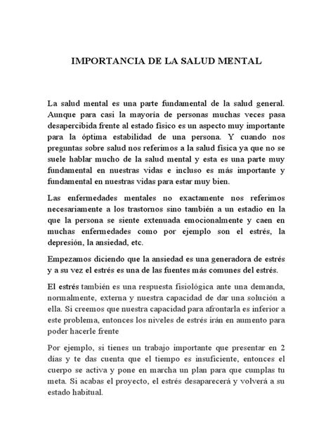Importancia De La Salud Mental Pdf Estrés Biología Mente