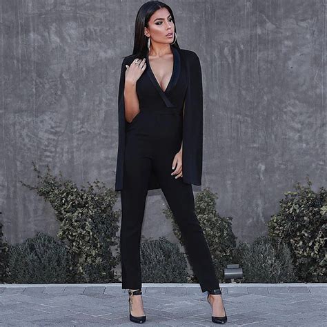 New Celebrity Party Women Jumpsuit Black Cloak Deep V Neck Sexy Elegant