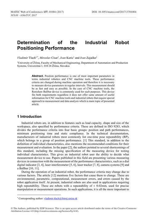 Pdf Determination Of The Industrial Robot Positioning Performance