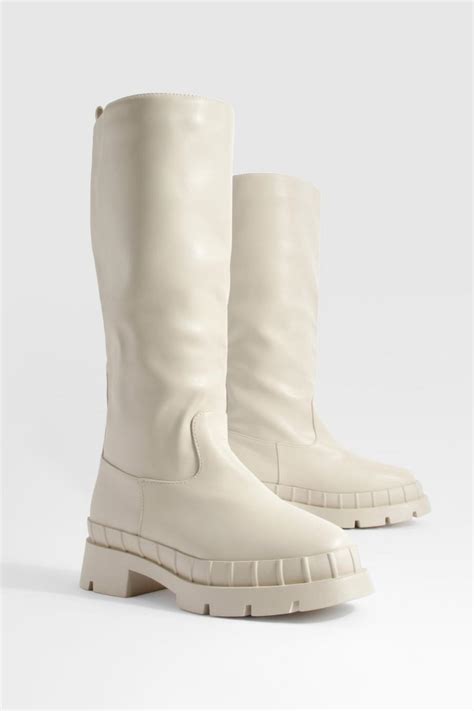 Wide Fit Chunky Sole Knee High Pull On Boots Boohoo Uk