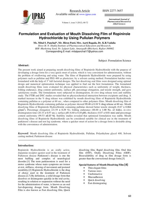 Pdf Formulation And Evaluation Of Mouth Dissolving Film Of Ropinirole Hydrochloride By Using