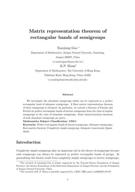 Pdf Matrix Representation Theorem Of Rectangular Bands Of Semigroups