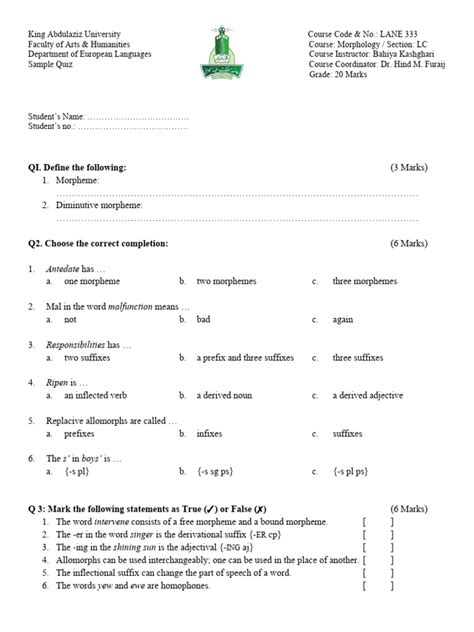 Morphology Sample Quiz Pdf Morphology Linguistics Syntactic