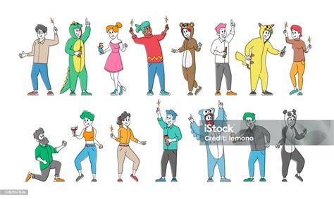 재미있는 의상 우정 축하 및 파자마 파티 컨셉의 쾌활한 행복한 사람들의 세트 기뻐하는 친구 술 사람들에 대한 스톡 벡터 아트 및 기타 이미지 Istock