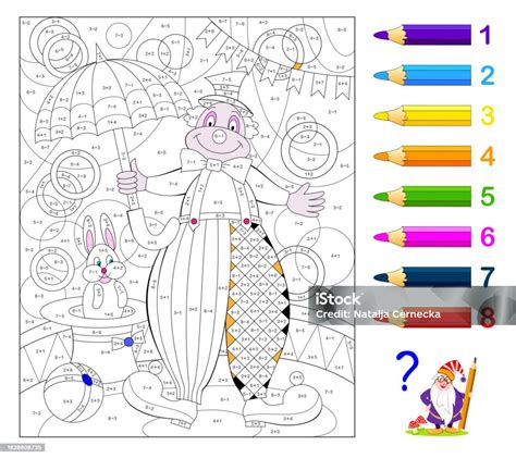 어린 아이들을 위한 수학 교육 색칠 공부 덧셈과 뺄셈에 대한 수학 연습 예제를 풀고 광대를 칠하세요 계산 기술 개발 아이들을