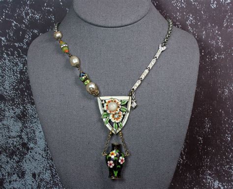 Vintage Repurposed Upcycled Assemblage Necklace Cloisonne Mini Vase