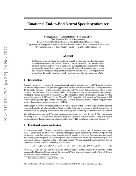 Pdf Emotional End To End Neural Speech Synthesizer