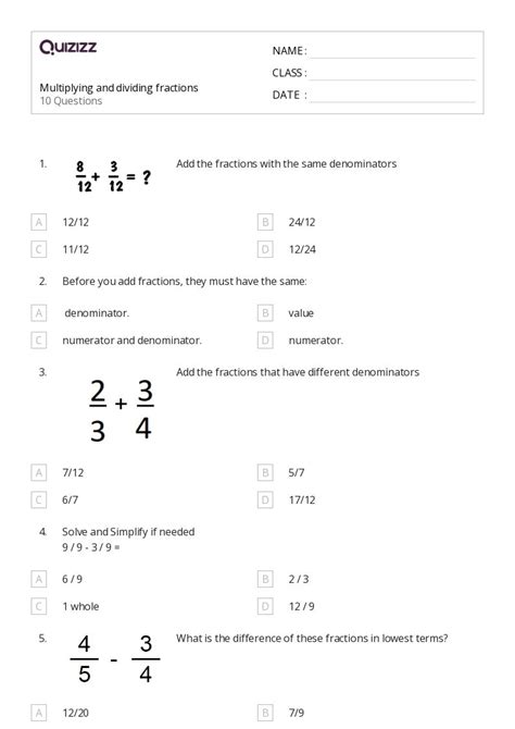 50 Multiplying And Dividing Fractions Worksheets For 1st Grade On