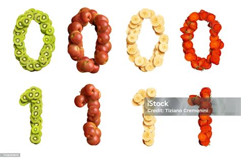 과일 제로와 하나 키위 바나나 사과 딸기로 만든 숫자의 집합 상징에 대한 스톡 사진 및 기타 이미지 상징 이탈리아 0 Istock