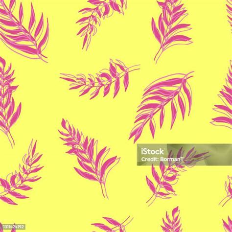 매끄러운 벡터 패턴 손바닥은 분홍색 라일락 잎과 배경에 윤곽을 남깁니다 직물 포장 직물 배경 화면 배경 초대장 여름 열대 지방 0명에 대한 스톡 벡터 아트 및 기타 이미지