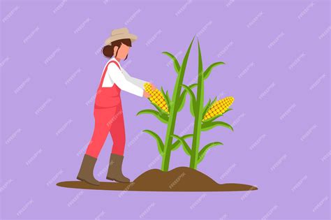캐릭터 플랫 그리기 젊은 여성 농부 나무에 옥수수 따기 전문 농부 농업 도전 천연 야채 수확 농업 활동 만화 디자인 벡터 일러스트 레이션 프리미엄 벡터