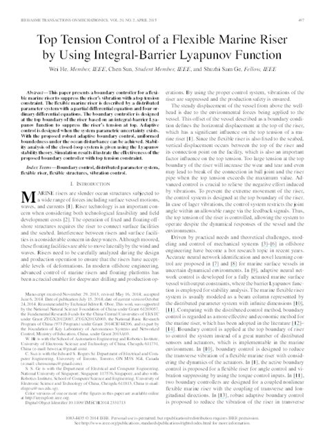 Pdf Top Tension Control Of A Flexible Marine Riser By Using Integral Barrier Lyapunov Function