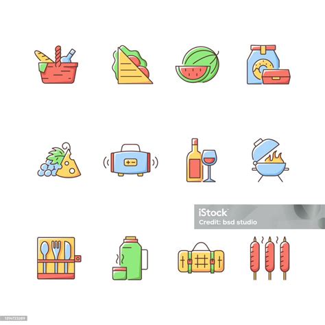 피크닉 Rgb 색상 아이콘 세트 개념에 대한 스톡 벡터 아트 및 기타 이미지 개념 개체 그룹 공휴일 Istock