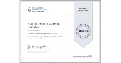 Nicolás Guzmán On Linkedin Completion Certificate For Front End Web Development With React