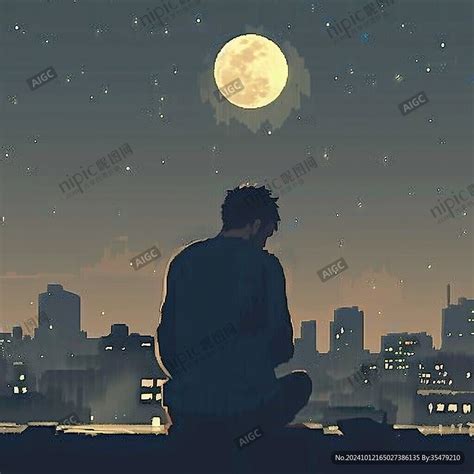 Ai创作图孤独背影插画 月光插画月光下 仰望星空的人 孤独感插画 星空下的少年 一个人在看天空 城市孤独之人 坐月亮上插画 仰望星河的人 看星星的人 美好的夜晚插画 孤独的灵魂插画 男生背影