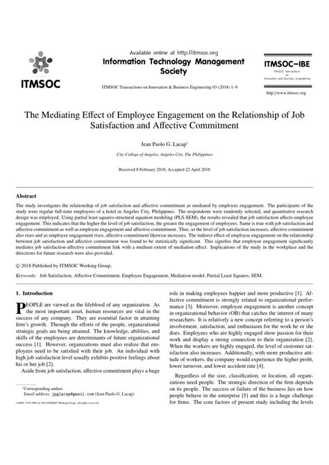 Pdf The Mediating Effect Of Employee Engagement On The Relationship Of Job Satisfaction And