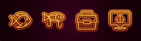 낚시와 후크에 대한 세트 라인 물고기 낚시 미끼 케이스 또는 상자를 설정합니다 빛나는 네온 아이콘 벡터 낚시에 대한 스톡 벡터 아트 및 기타 이미지 Istock