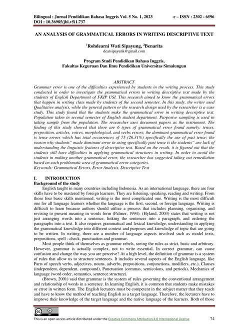 Pdf An Analysis Of Grammatical Errors In Writing Descriptive Text