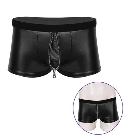 Mens Wet Look Faux Leather Zipper Bulge Pouch Boxer Briefs Shorts