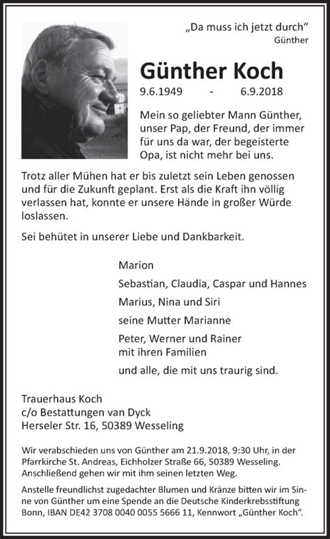 Traueranzeigen Von Günther Koch Wirtrauern