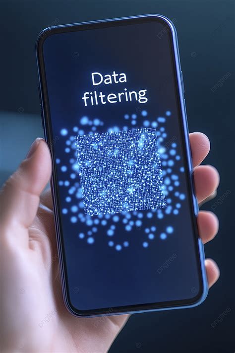 Data Filter On A Smartphone In Hand Blue Background With White Dots And