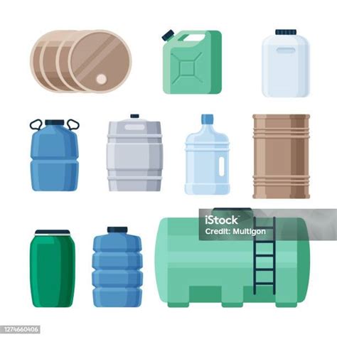 플라스틱 및 철 용기 액체 세트 가솔린 오일 녹색 캐니스터를 화학 물질 투명 블루 조밀 한 병 대량의 식수로 저장하기위한 생산 배럴 벡터 플랫 스타일입니다 가득 찬에 대한