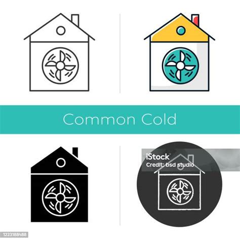 집 환기 아이콘입니다 집 컨디셔닝 세균과 미생물을 깨끗하게 합니다 먼지 환기 시스템 통풍 기 가정용 냉각 통풍구 플랫 디자인 선형 및 색상 스타일 격리된 벡터 일러스트레이션