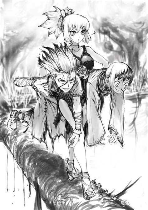 Senku Gen And Kohaku Bravely Crossing A Sharp Cliff Through An Old