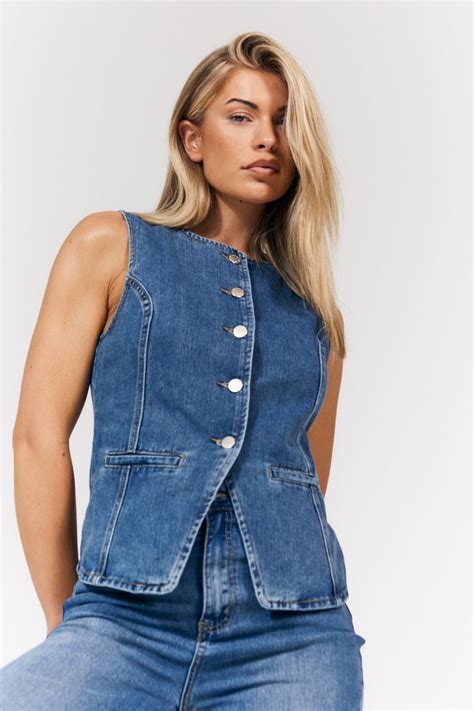 Denim Crew Neck Waistcoat Frau Jeans Stil