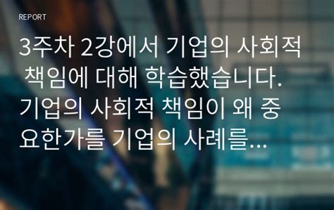 3주차 2강에서 기업의 사회적 책임에 대해 학습했습니다 기업의 사회적 책임이 왜 중요한가를 기업의 사례를 들어 설명하시오 레포트