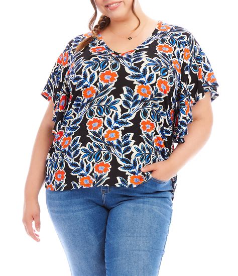 Karen Kane Plus Size Floral V Neck Short Flutter Sleeve Top Dillards