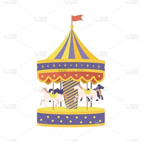 旋转木马与马。矢量卡通平面插图。素材 花瓣网