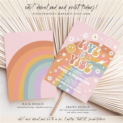 Editable Five Is A Vibe Groovy Birthday Party Invitation Peace Etsy UK