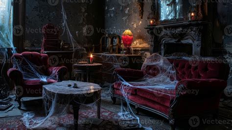 Dark Eerie Antique Living Room At Night With Luxurious Velvet Furniture