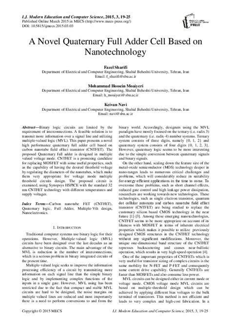 Pdf A Novel Quaternary Full Adder Cell Based On Nanotechnology