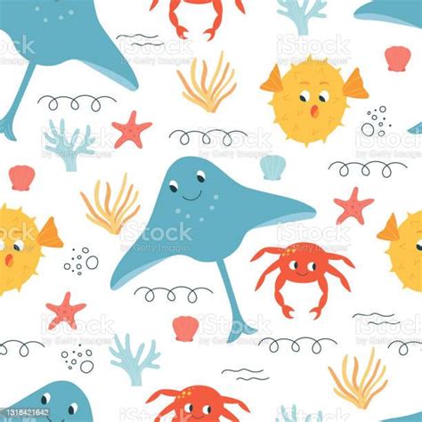 매끄러운 벡터 바다 패턴 수중 생활과 여름 개념 귀여운 미소 광선 만타 복어 게 산호와 불가사리의 손으로 그린 그림 가오리상목에 대한 스톡 벡터 아트 및 기타 이미지
