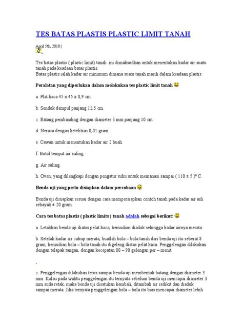 Tes Batas Plastis Plastic Limit Tanah Pdf
