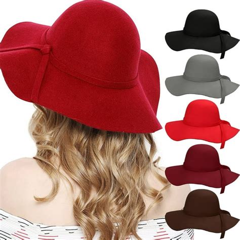 Womens Wide Brim Retro Fedora Floppy Felt Bowler Hat