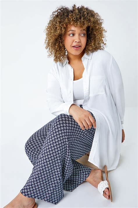 Navy Curve Geometric Wide Leg Stretch Trousers Roman Uk
