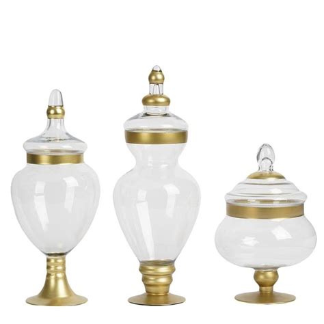 Set Of 3 Gold Trimmed Glass Apothecary Candy Jars With Lids 101416