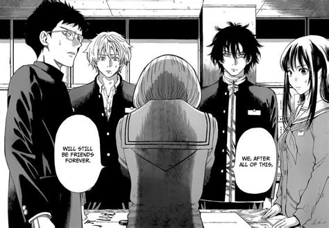 An Anime Scene With Two Men And One Woman Standing In Front Of A Table Looking At