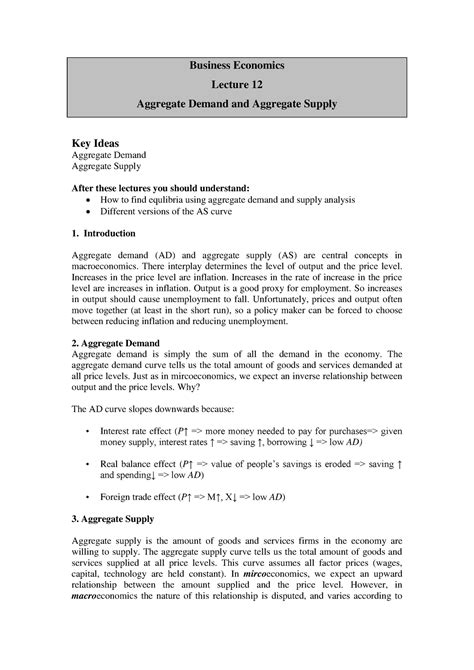 Notes L12 Aggregate Demand And Aggregate Supply Business Economics