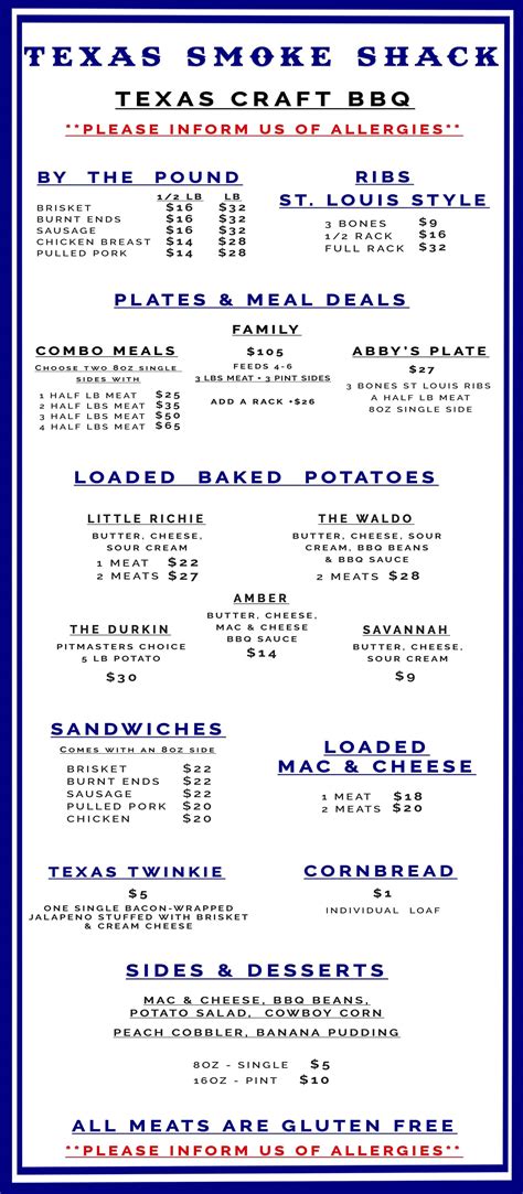 Menu Bbq Texas Smoke Shack