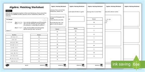 Algebra Matching Equations With Answers Worksheet