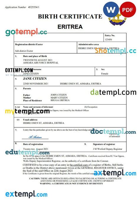 Eritrea Vital Record Birth Certificate Word And PDF Template By Shotempltemplates Issuu
