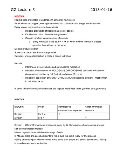 Genetics Lecture 3 2018 0116 Gg Lecture 3 2018 01 16 Meiosis Haploid