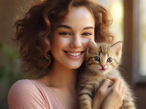 A Woman Holding A Kitten And A Cat In Her Arms Premium Ai Generated Image