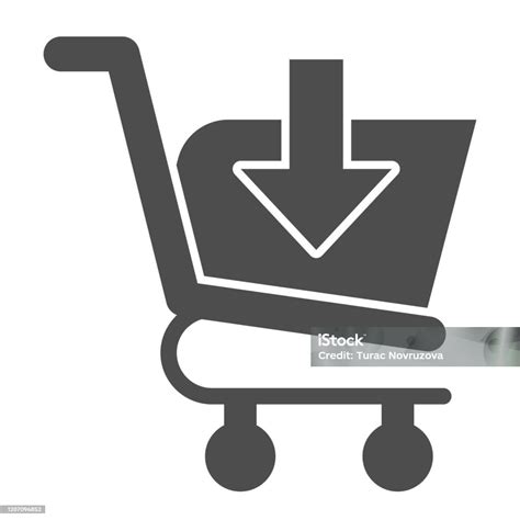 쇼핑 카트 문일 표시 아이콘을 다운로드합니다 저장 버튼 화살표 기호와 시장 트롤리 상거래 벡터 디자인 개념 흰색 배경에 솔리드 스타일 픽토그램 웹 및 응용 프로그램에 사용