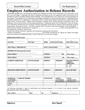 Fillable Online Employee Authorization To Release Records Softech